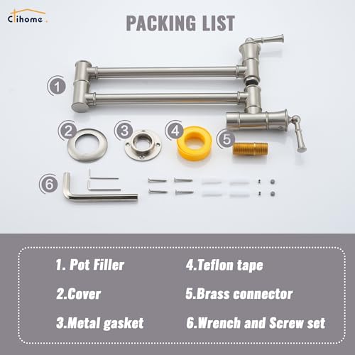 Double Handles Folding Pot Filler Kitchen Faucet with 360 Degrees Swing Arm Single Hole Brass Wall Mount Pot Filler Facuet Dual Joints Brushed Nickel