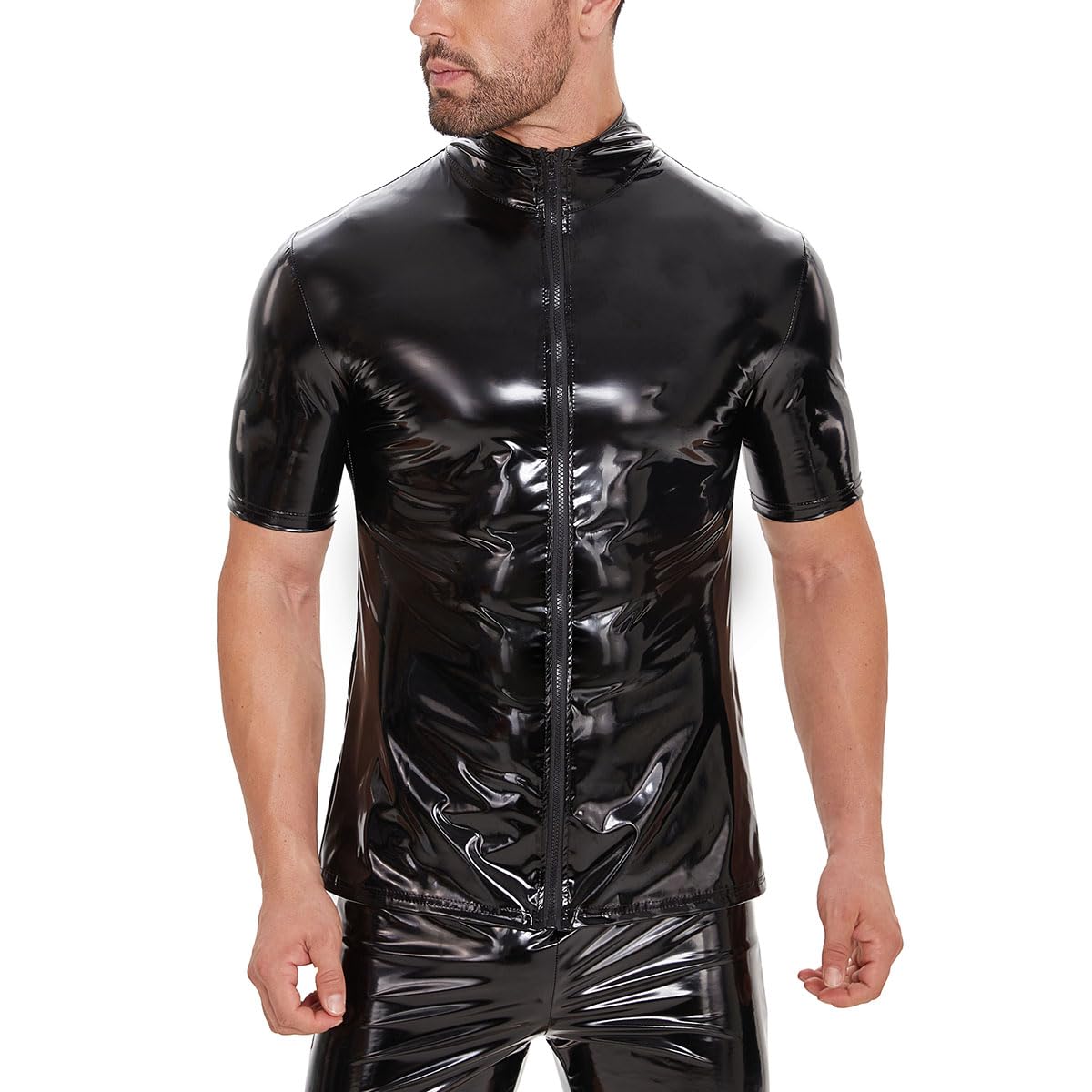 Men Sexy Leather Shirt, Glossy, Plus Size, Full Zipper, Short Sleeve, Shiny Latex Coat For Male, Red