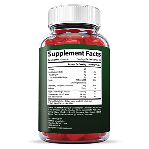 Justified Laboratories ACV for Heath Keto ACV Gummies 1000MG with Pomegranate Juice Beet Root B12 60 Gummys