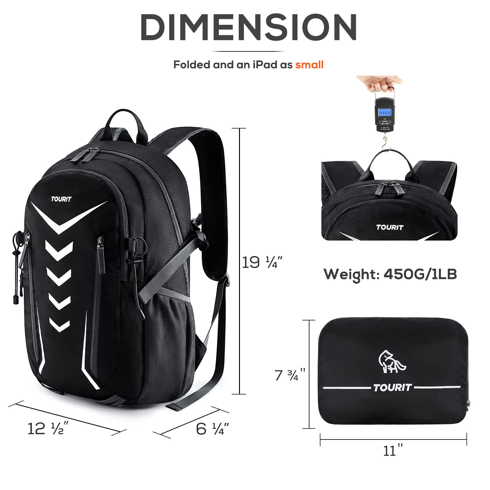 TOURIT Hiking Backpack 40L Lightweight Hiking Daypack Foldable Waterproof Camping Backpack for Women Men Travel Outdoor Black