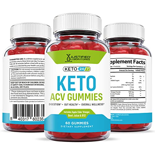 Justified Laboratories (3 Pack) Keto 24/7 ACV Gummies 1000MG with Pomegranate Juice Beet Root B12 180 Gummys