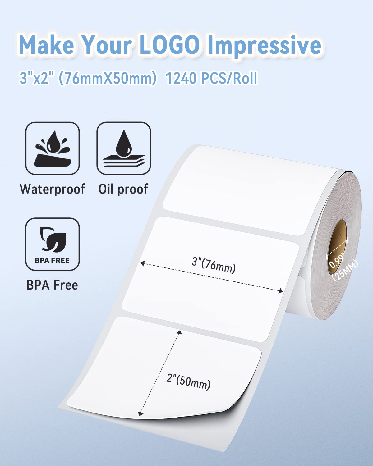 3"x2" Thermal Printer Labels Roll - 1240 PCS Label Stickers for Small Business Supplies - Commercial Grade Logo Stickers for Business Customized - Waterproof Shipping Labels for Thermal Label Printer
