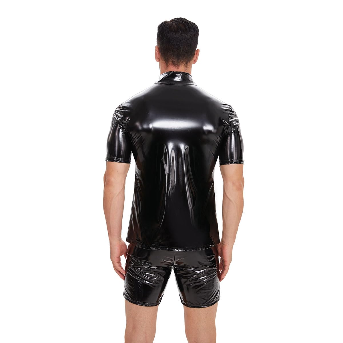 Men Sexy Leather Shirt, Glossy, Plus Size, Full Zipper, Short Sleeve, Shiny Latex Coat For Male, Red