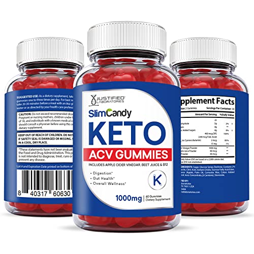 Justified Laboratories (3 Pack) Slim Candy Keto ACV Gummies 1000MG with Pomegranate Juice Beet Root B12 180 Gummys