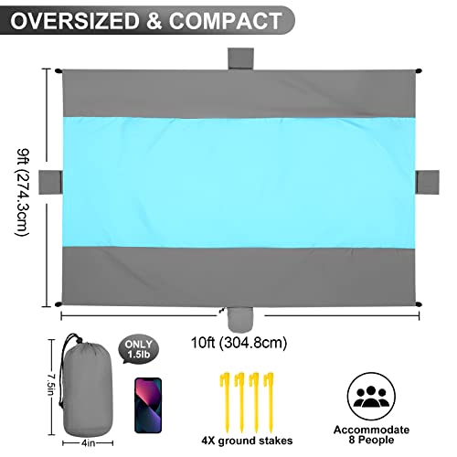 Buheco Beach Blanket Waterproof Sandproof Oversized Beach Mat Sand Free 10x9ft with 4 Stakes and 8 Pockets-Outdoor Extra Large Foldable Lightweight Picnic Blanket for Vacation-Camping-Hiking-Travel