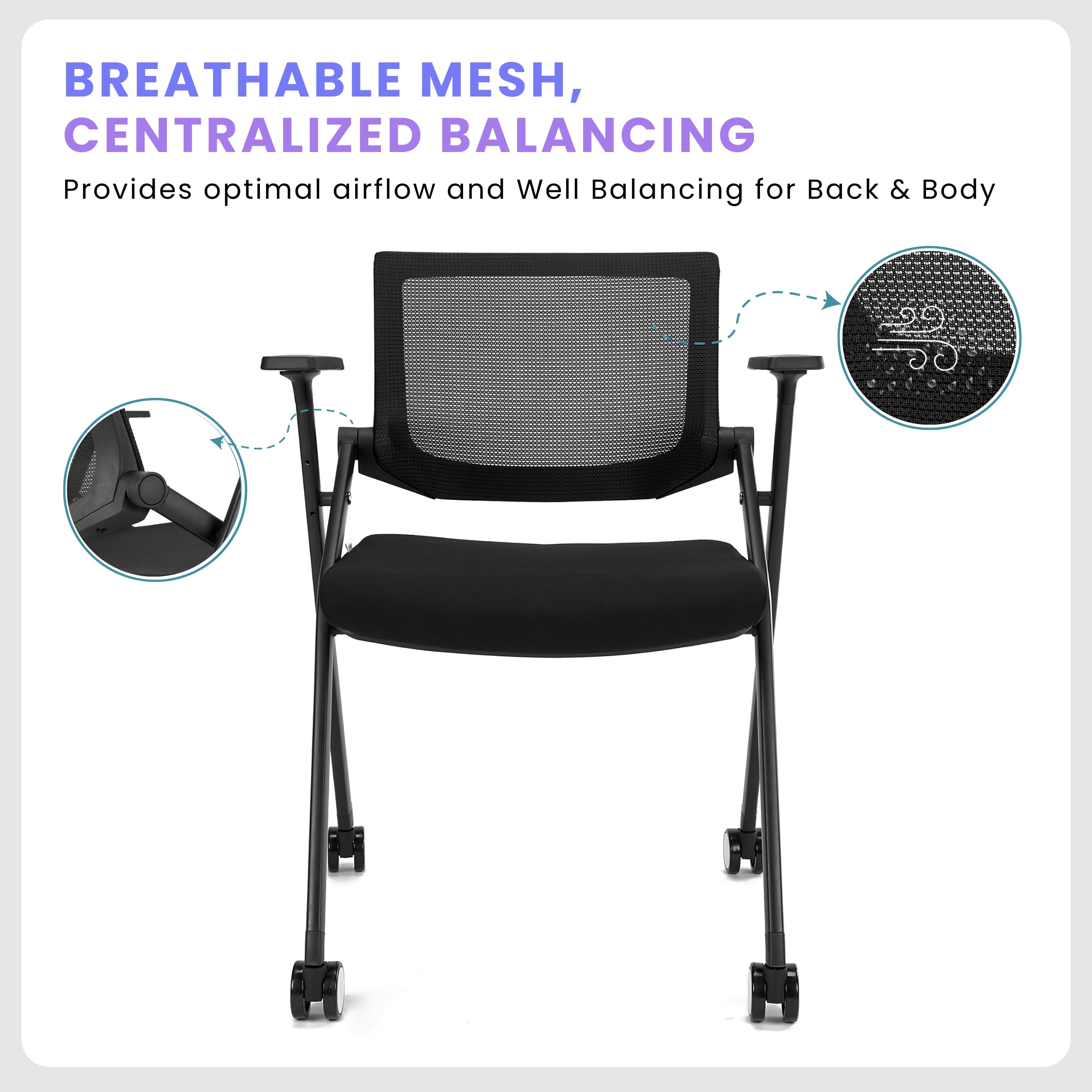 BROBRIYO, 10 Pack Stackable Conference Room Chairs with Wheels and Paddle, Ergonomic Mesh Back and Arms for Meeting, Conference, Reception, Training Room & Home Office Desk Folding Chairs, Set of 10