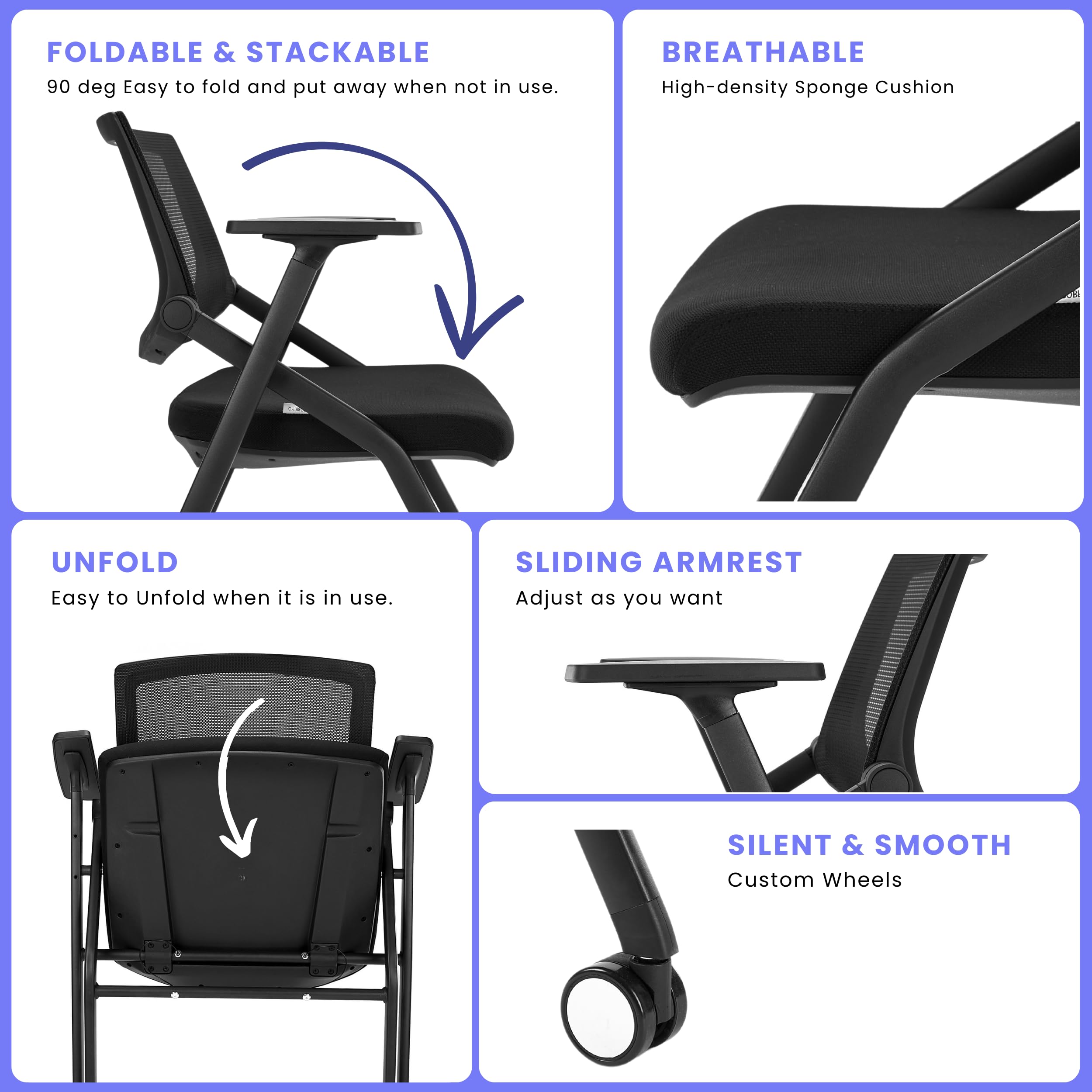 BROBRIYO, 10 Pack Stackable Conference Room Chairs with Wheels and Paddle, Ergonomic Mesh Back and Arms for Meeting, Conference, Reception, Training Room & Home Office Desk Folding Chairs, Set of 10