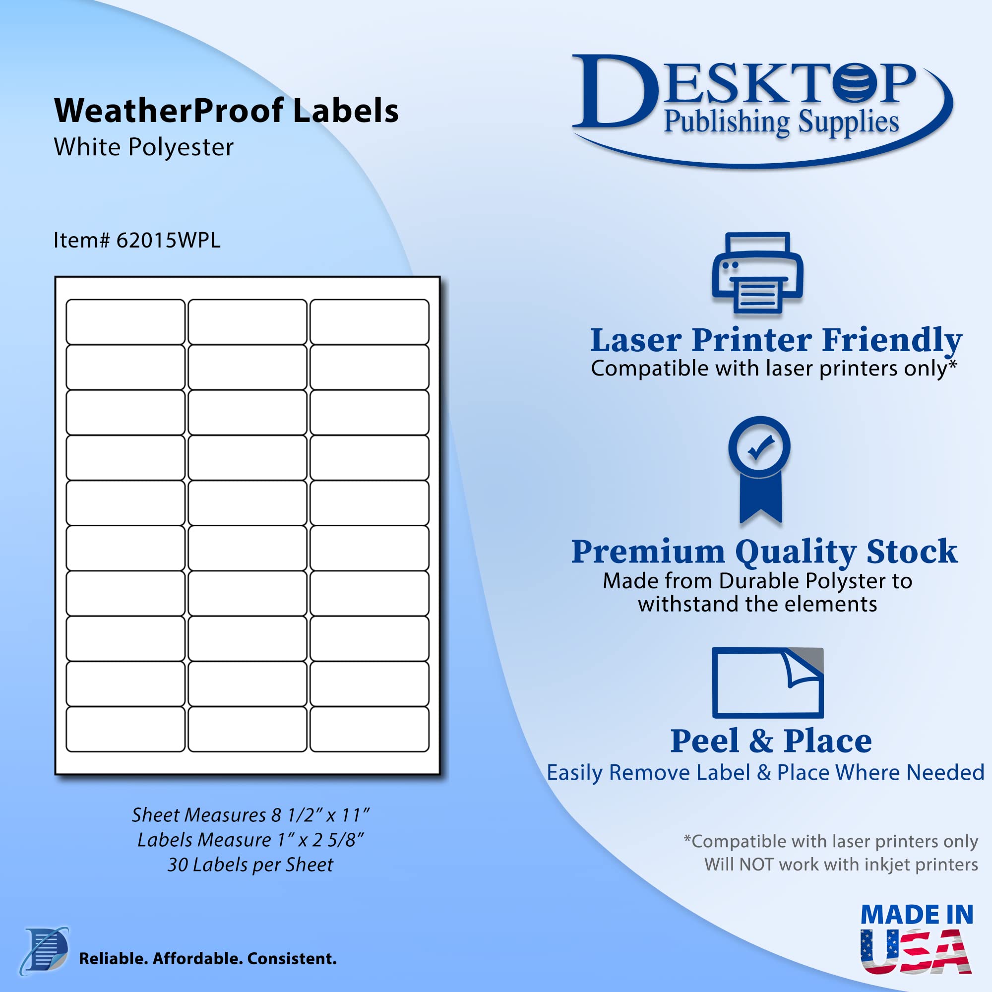 Printable Waterproof Labels - 1" x 2-5/8" Address Labels - 30 per Sheet - 10 Sheets / 300 Labels - Blank Weatherproof Shipping Labels - Water Proof Polyester Laser Label for Laser Printers