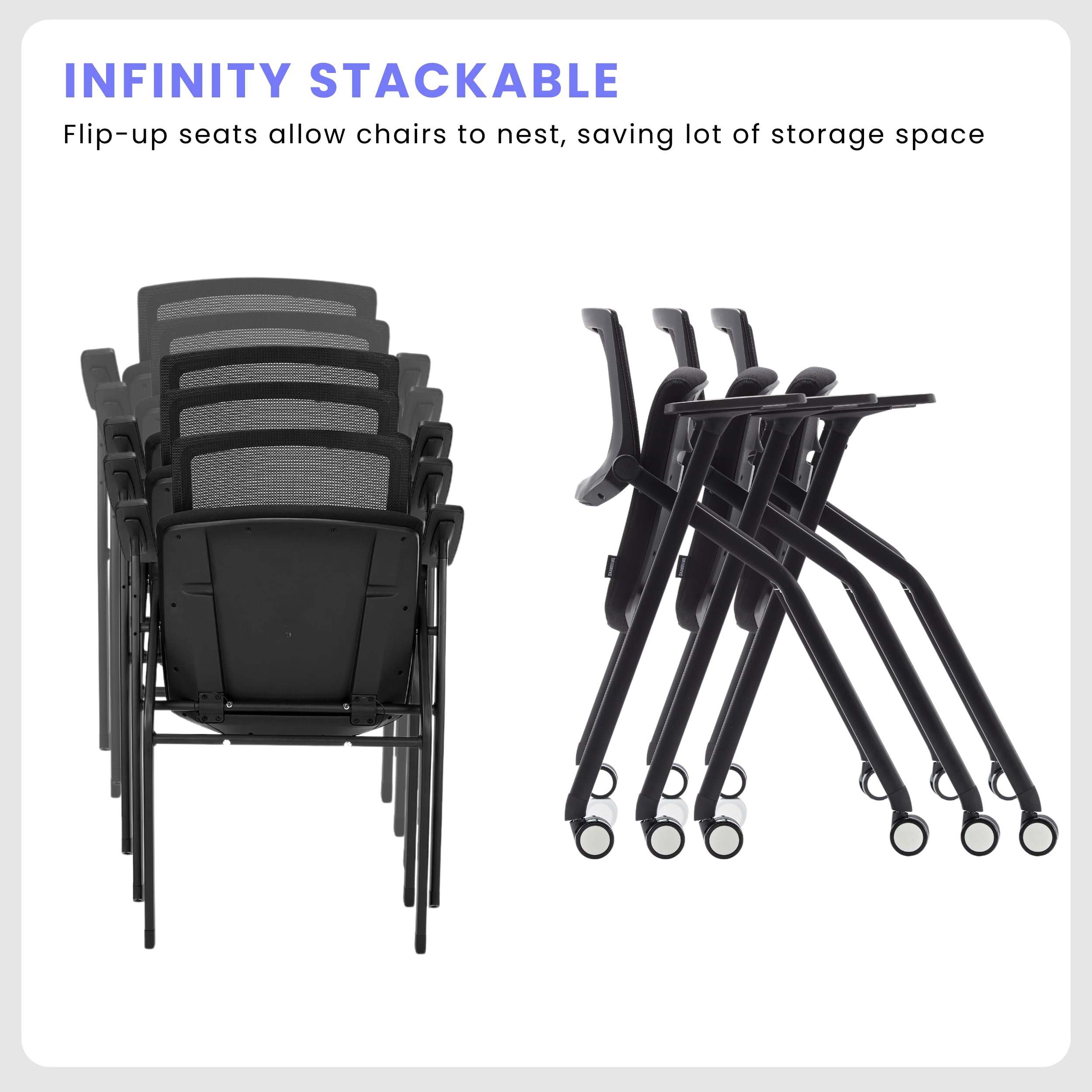 BROBRIYO, 10 Pack Stackable Conference Room Chairs with Wheels and Paddle, Ergonomic Mesh Back and Arms for Meeting, Conference, Reception, Training Room & Home Office Desk Folding Chairs, Set of 10