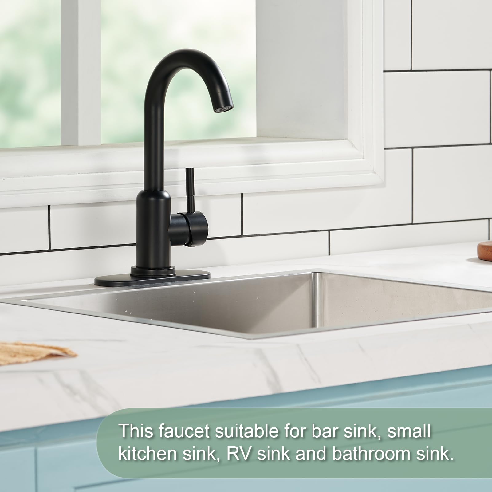 Black Bathroom Faucet, Single Handle Bathroom Sink Faucet Wet Bar Pre-Kitchen RV Small Vanity Faucet with Deck Plate, Supply Hoses and Drain Stopper Psygee