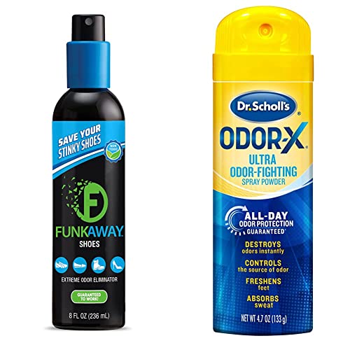 FunkAway Odor Eliminating Spray for Shoes, Clothes and Gear (8 Oz.) & Dr. Scholl’s Odor-X ODOR-FIGHTING Spray-Powder // All-Day Odor Protection and Sweat Absorption - Packaging May Vary