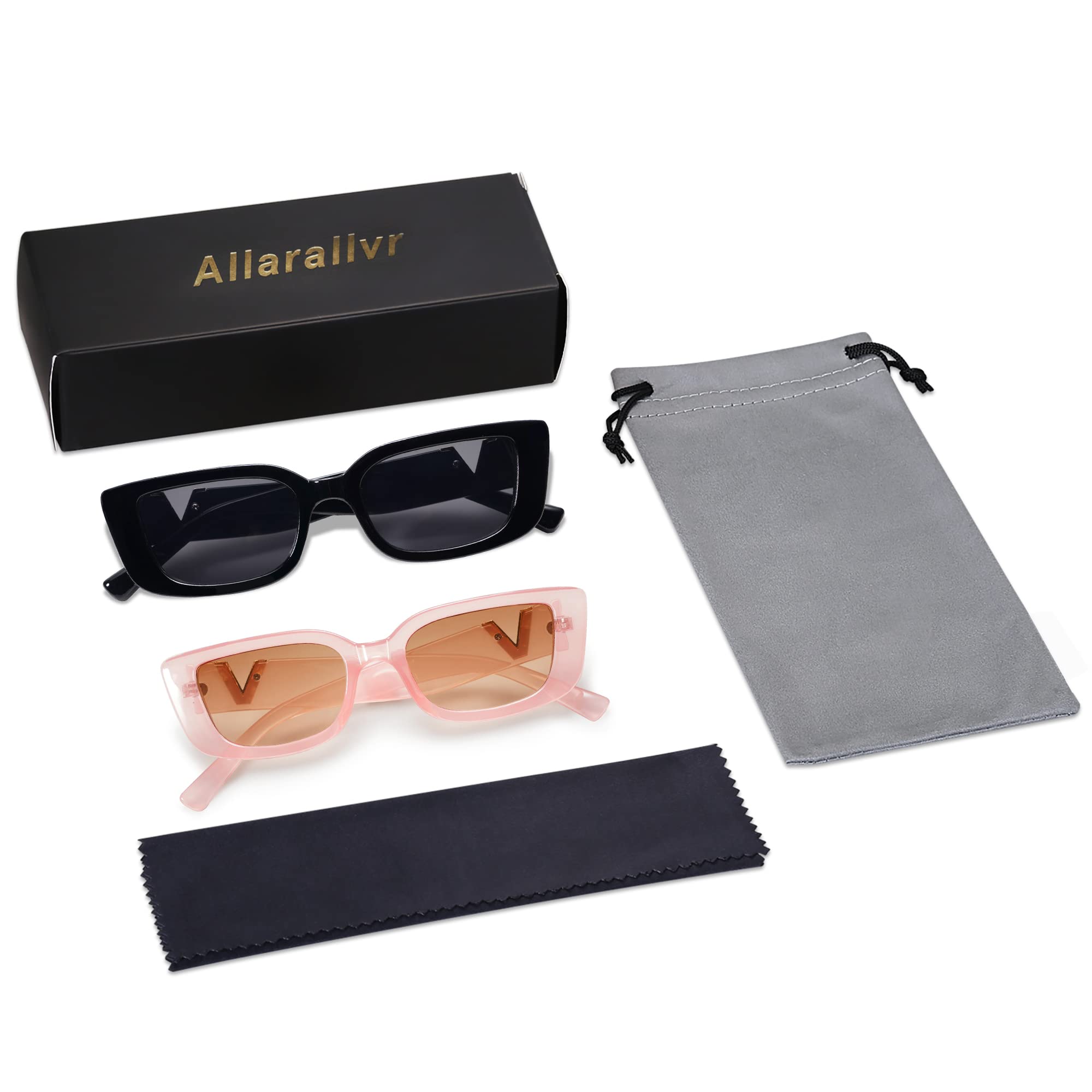Allarallvr Rectangle Cat Eye Thin Sunglasses for Women 90s Retro Trendy Y2K Aesthetic Vintage Square Small Shades AR82037(Black+light Pink)