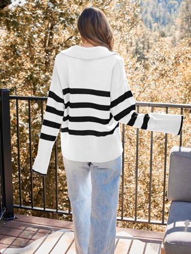 LILLUSORY Womens Striped Oversized V Neck Trendy Sweaters Long Sleeve Tops Fall Fashion Clothes Outfits 2025 White X-Large