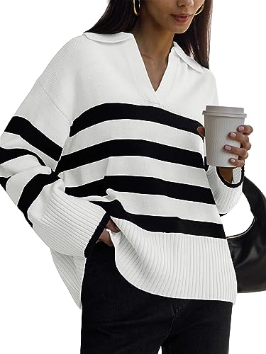 LILLUSORY Womens Striped Oversized V Neck Trendy Sweaters Long Sleeve Tops Fall Fashion Clothes Outfits 2025 White X-Large