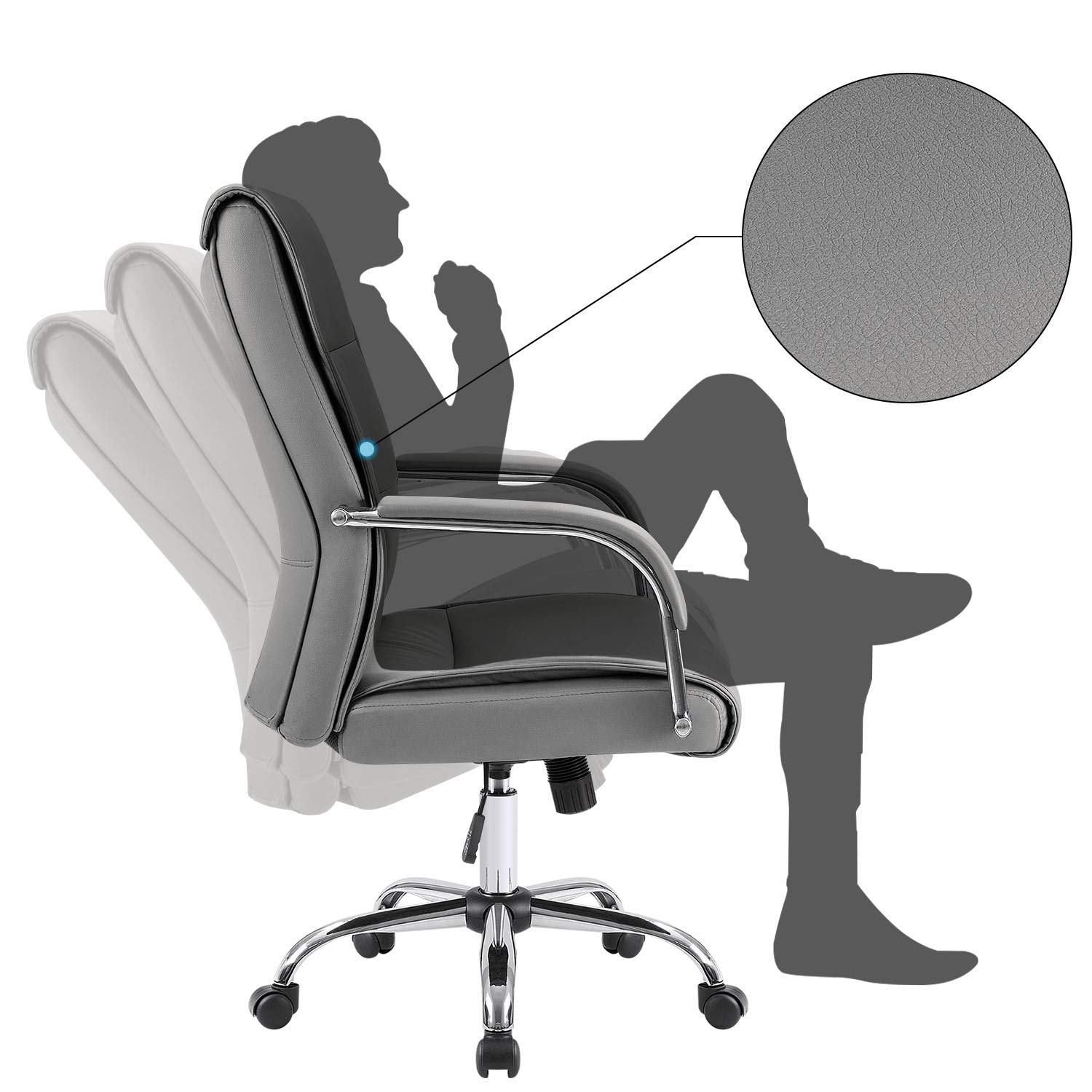 Furmax High Back Office Executive Chair Conference Leather Desk with Padded Armrests, Adjustable Ergonomic Swivel Task Chair with Lumbar Support (Grey)