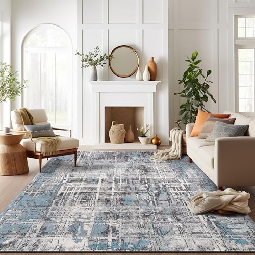 Rugshop Distressed Abstract Stain Resistant Soft Area Rug 7' 10" x 10' Blue