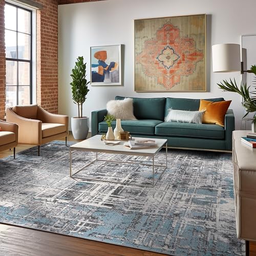 Rugshop Distressed Abstract Stain Resistant Soft Area Rug 7' 10" x 10' Blue