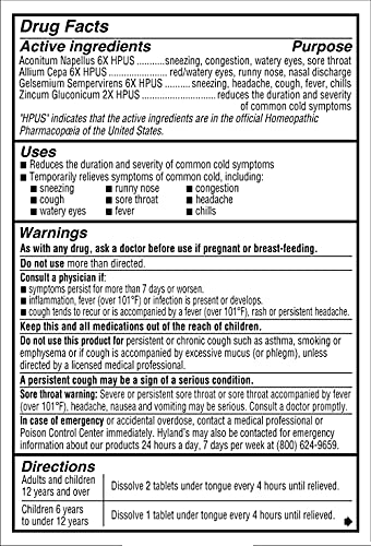 Hyland's Cold Medicine with Zinc, Decongestant and Sore Throat Relief, Homeopathic for Adults, 50 Count