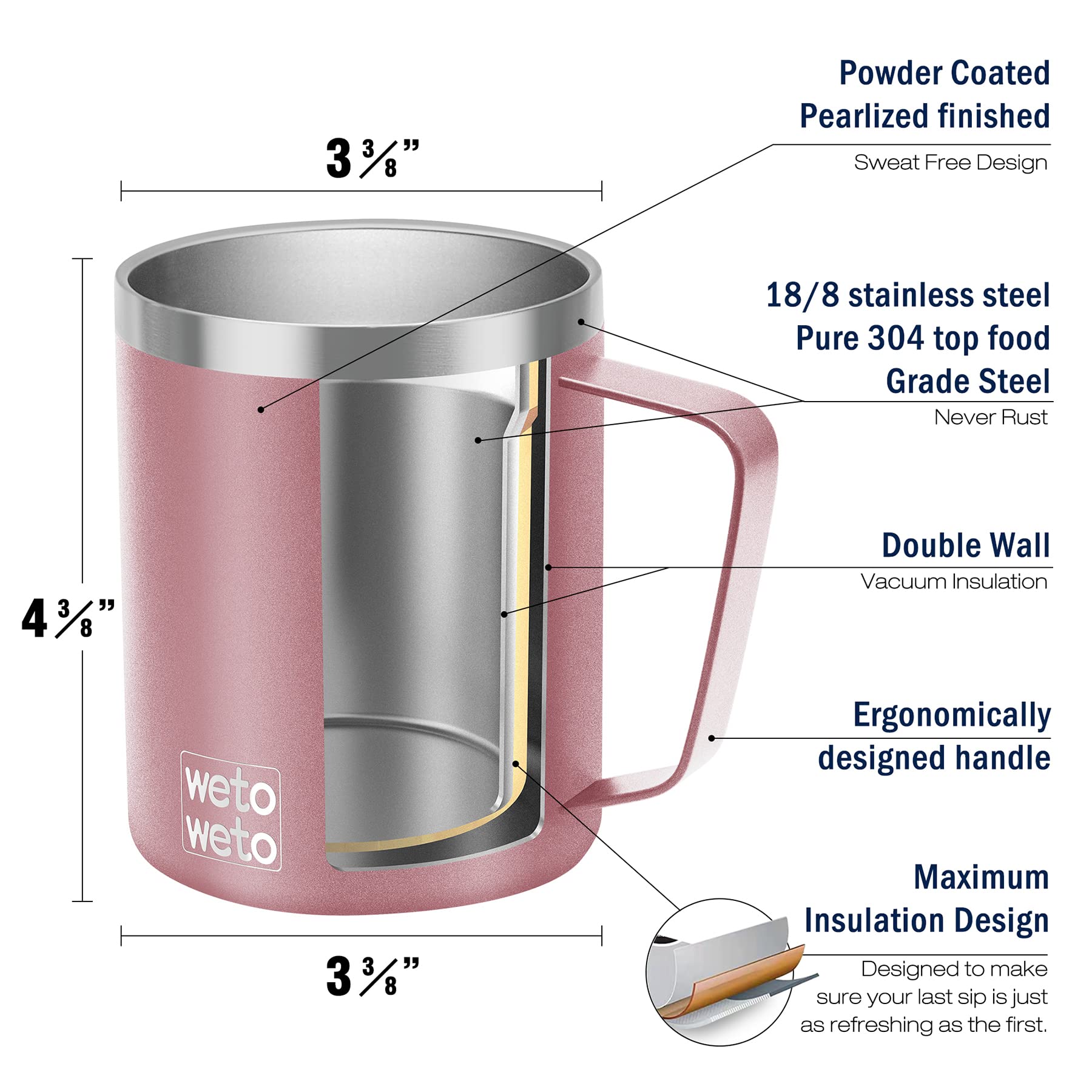 WETOWETO Coffee Mug with Handle, 14oz Insulated Stainless Steel Coffee Travel Mug, Double Wall Vacuum Reusable Coffee Cup with Lid, Powder Coated Rose Gold