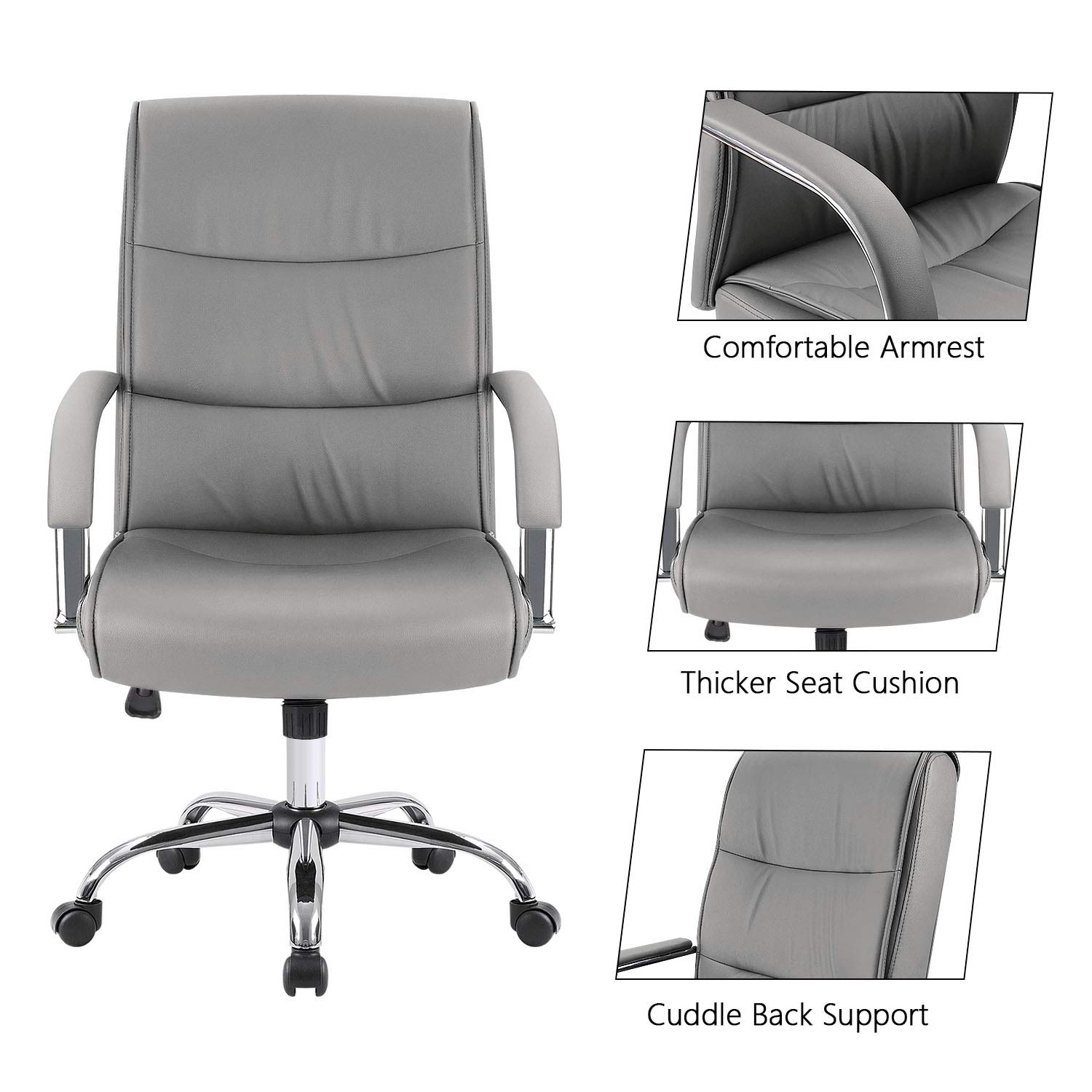 Furmax High Back Office Executive Chair Conference Leather Desk with Padded Armrests, Adjustable Ergonomic Swivel Task Chair with Lumbar Support (Grey)