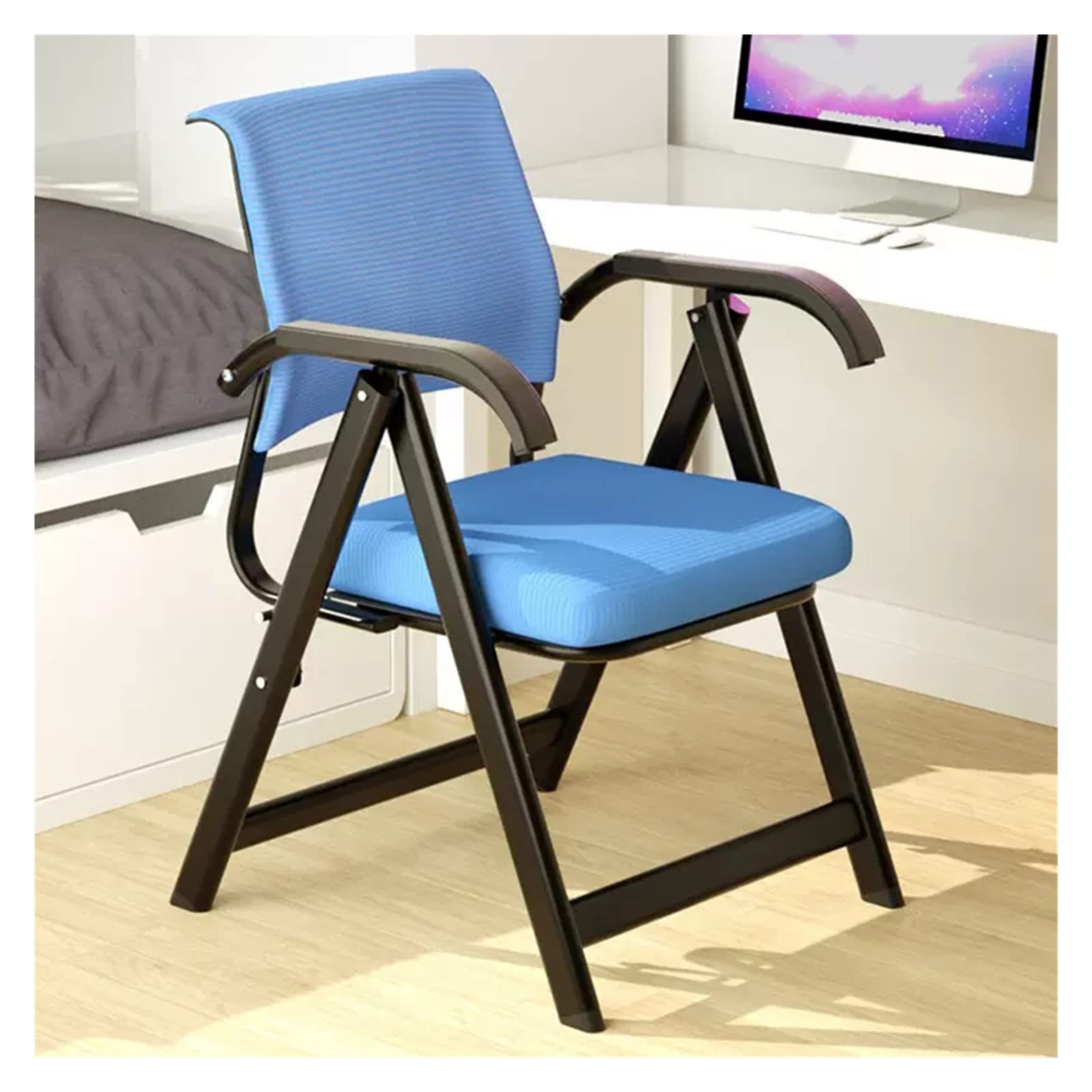 WIGSELBL Mesh Office Chair Ergonomic Computer Desk Chair Foldable Mid Back Stacking Arm Chair,Folding Nesting Chair Conference Room Chair with Padded Fabric Seat (Color : Blue)