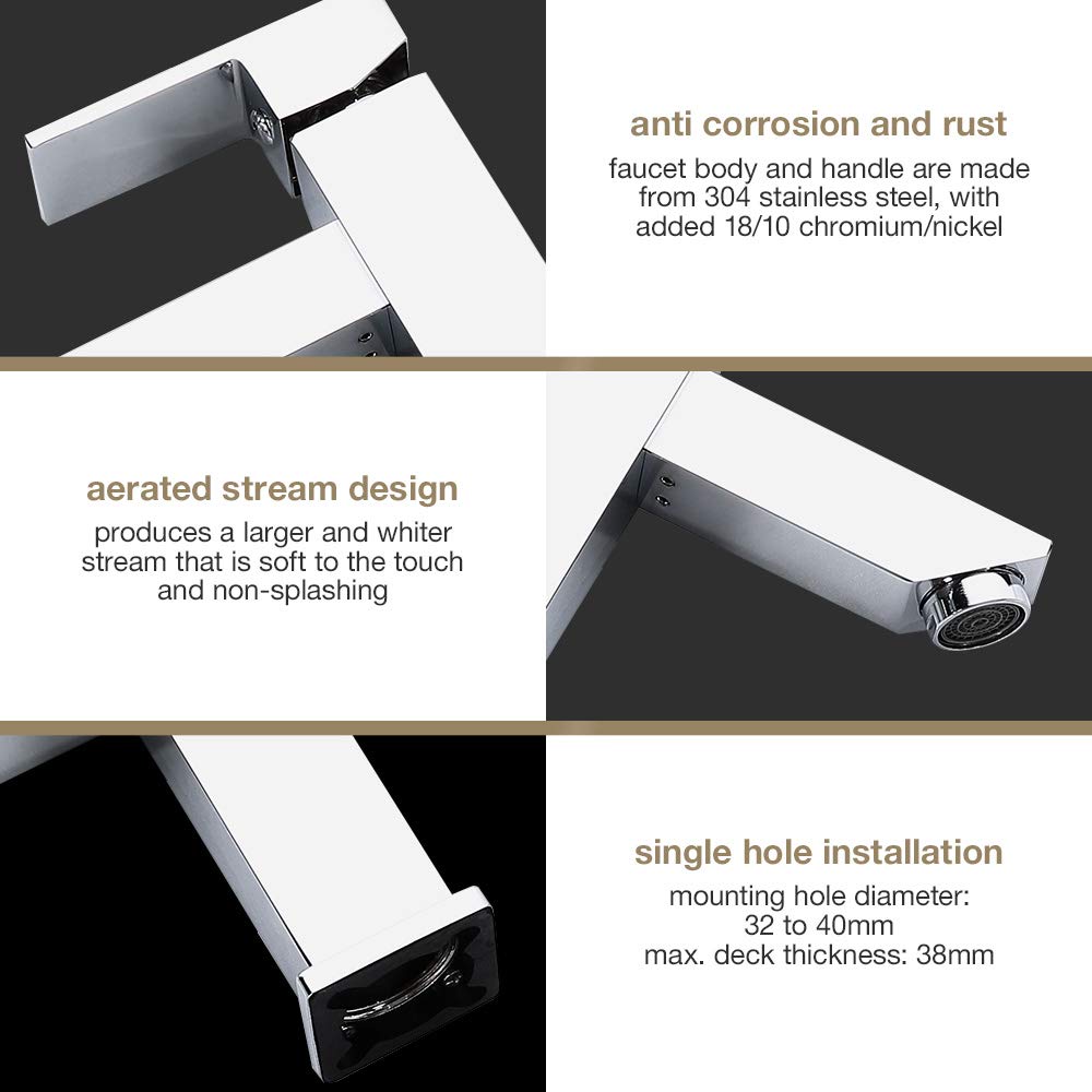 Single Handle Faucet for Bathroom Vanity - Made with Brass - Stain Resistant - Modern and Elegant Single Hole Bathroom Faucet Design - Chrome Finish - Grace Model by Flairwood Decor
