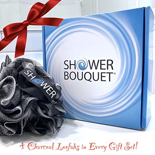 Loofah-Charcoal Bath-Sponge XL-75g-Set by Shower Bouquet: 4-Pack, Extra Large Mesh Pouf Soft Scrubber for Men and Women - Exfoliate with Big Black & White Gentle Cleanse in Beauty Bathing Accessories