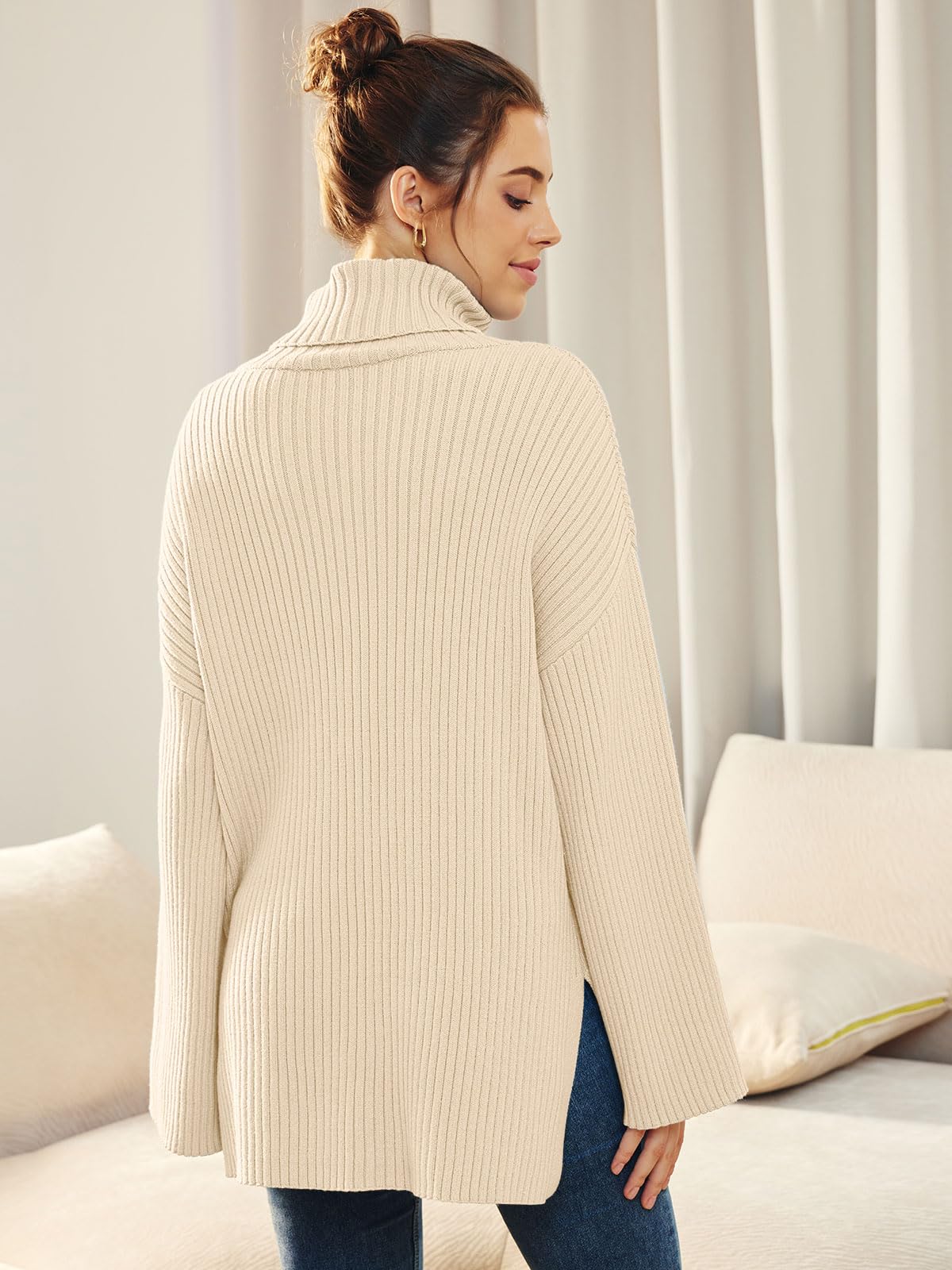 LILLUSORY Womens 2023 Fall Turtleneck Oversized Pullover Chunky Sweaters Cream Fuzzy Long Sleeves High Neck Ribbed Knit Sweater