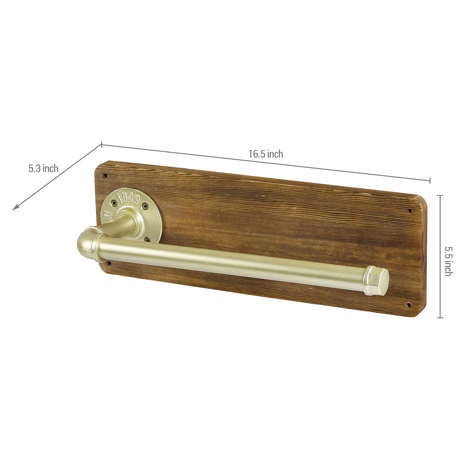 MyGift Rustic Burnt Solid Wood Paper Towel Holder Under Cabinet Wall Mount for Kitchen Paper Towel with Easy Refill Open End Industrial Brass Pipe Bar, Single Roll Paper Towel Rack Dispenser
