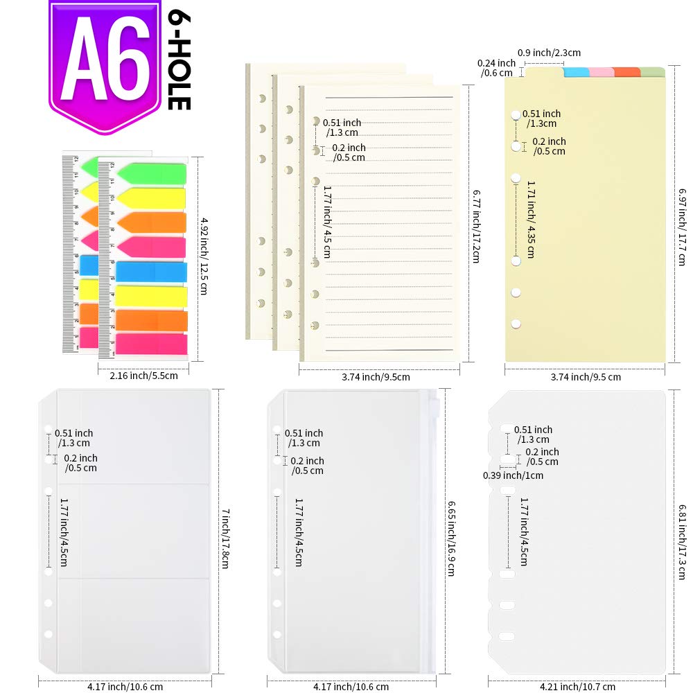 A6 Refill Paper, 3 Pack 45PCS A6 6 Ring Loose Leaf Paper, 2 Pack 160PCS Neon Page Markers, with Binder Pockets & Binder Dividers, LEOBRO A6 Lined Paper Refills for A6 Binder Planner Notebook Journal