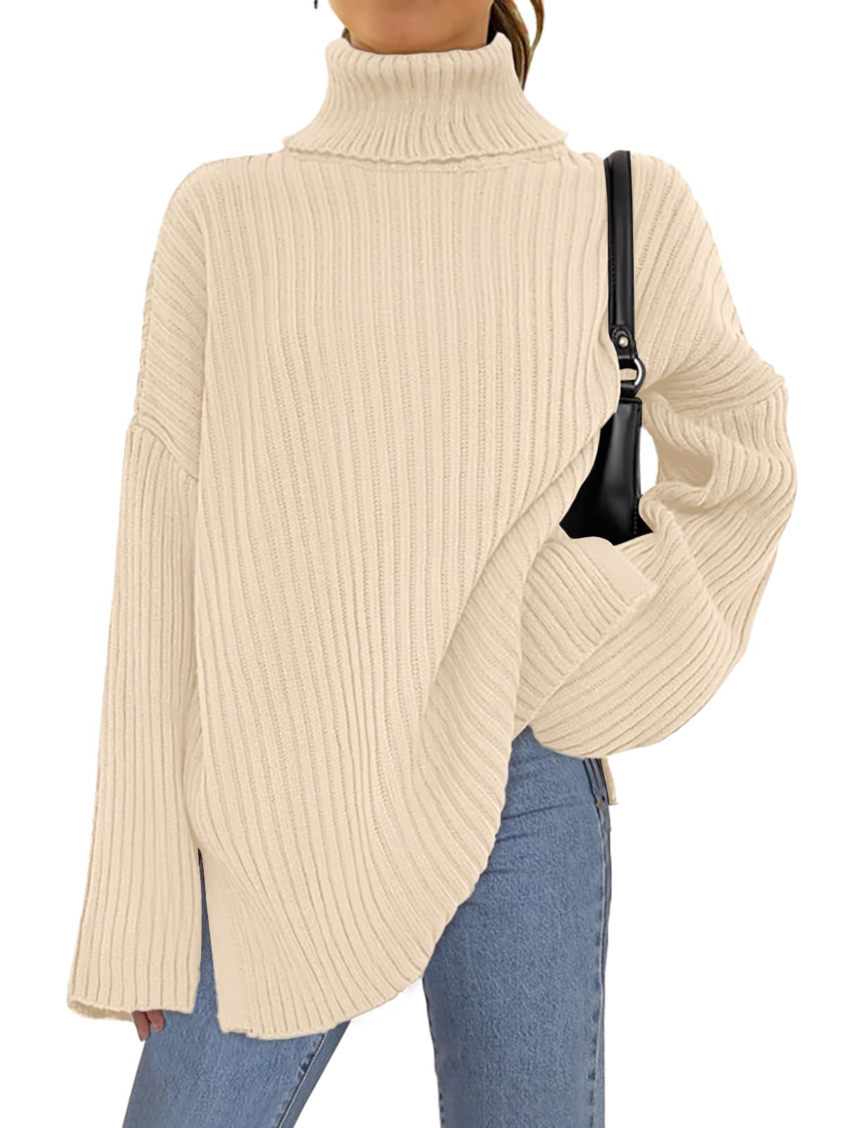 LILLUSORY Womens 2023 Fall Turtleneck Oversized Pullover Chunky Sweaters Cream Fuzzy Long Sleeves High Neck Ribbed Knit Sweater