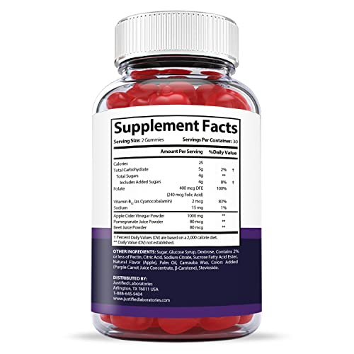 Justified Laboratories Bio Lyfe Keto ACV Gummies 1000MG with Pomegranate Juice Beet Root B12 60 Gummys