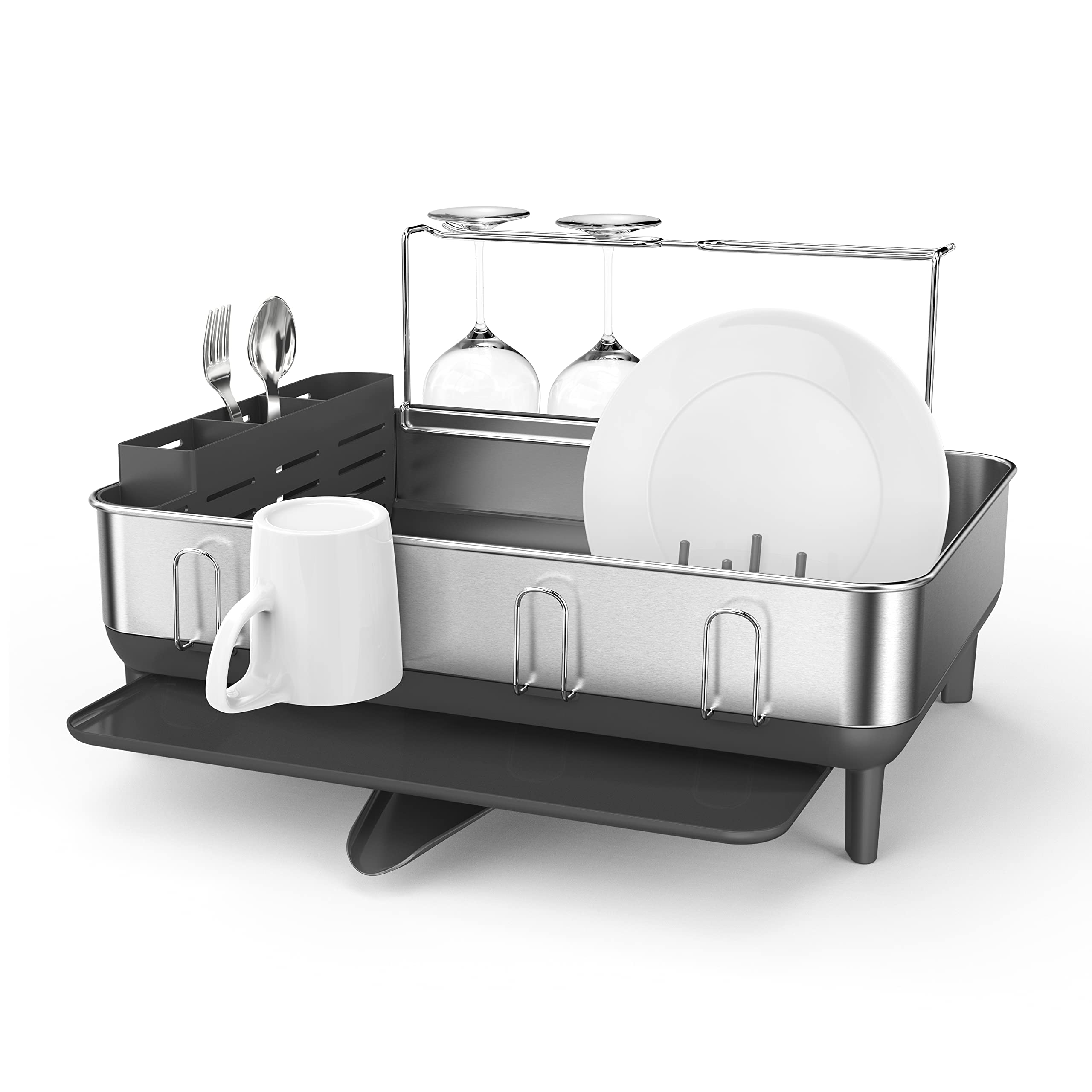simplehuman Kitchen Dish Drying Rack With Swivel Spout, Fingerprint-Proof Stainless Steel Frame, Grey Plastic, 2022 Model