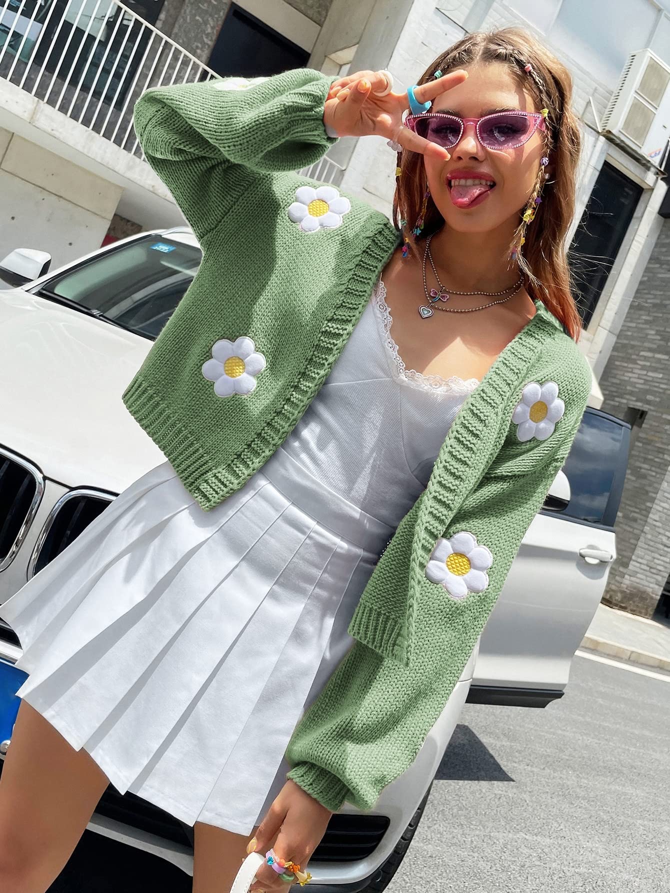 Womens Y2K Cardigan Sweaters Long Sleeve Open Front Cropped Flower Knit Cardigan Aesthetic 90s Shrug Back to College Outfits Mint Green
