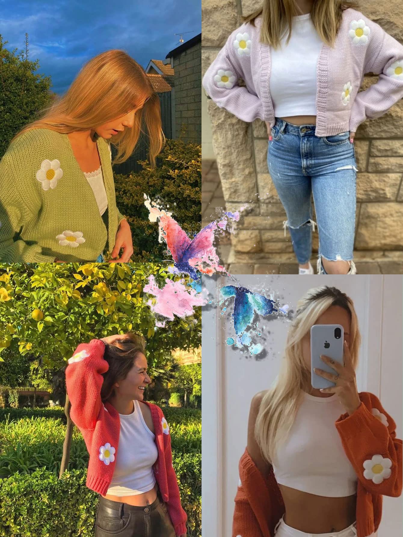 Womens Y2K Cardigan Sweaters Long Sleeve Open Front Cropped Flower Knit Cardigan Aesthetic 90s Shrug Back to College Outfits Mint Green