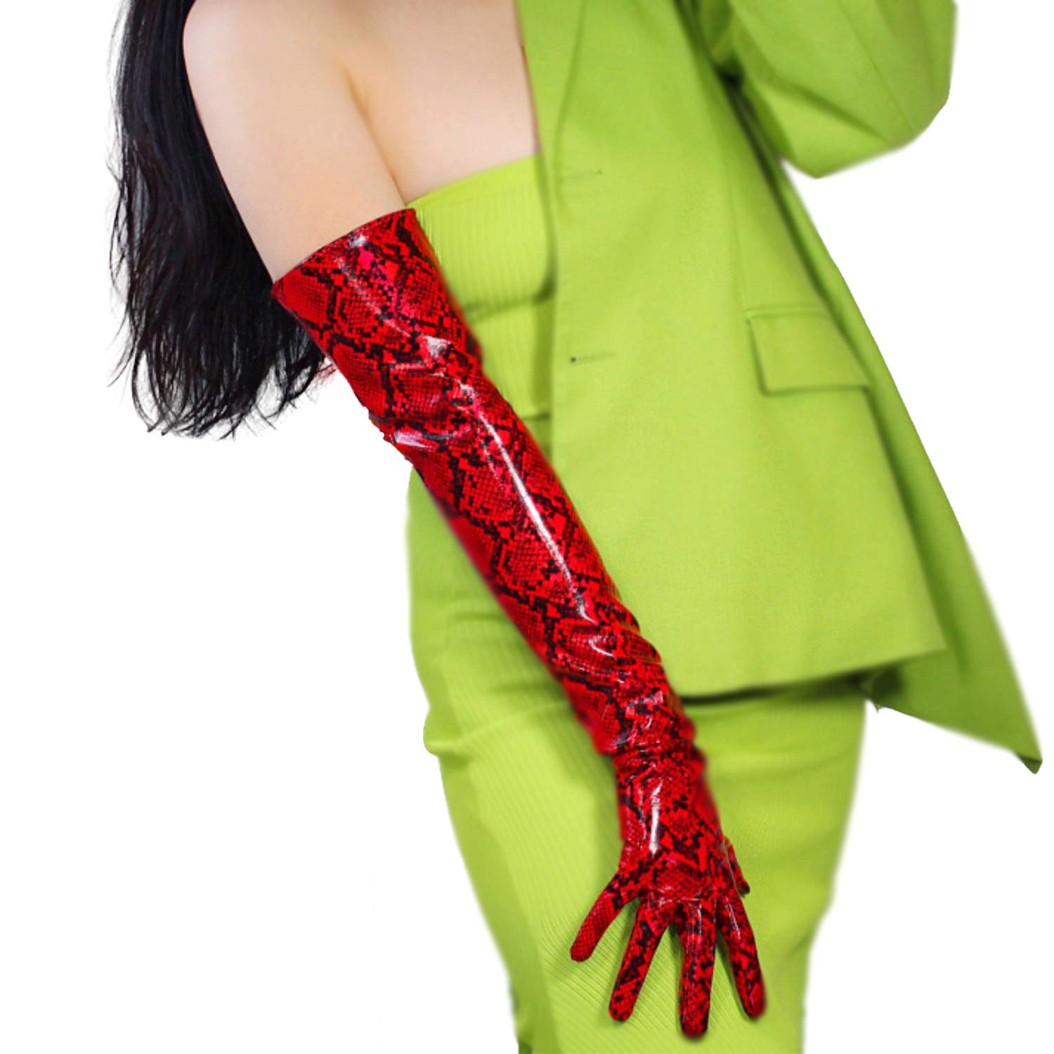 DooWay Latex Long Women Fashion Gloves Shiny Red Leather PU Wet Look 22-inch Elbow Opera Animal Print Python Snake