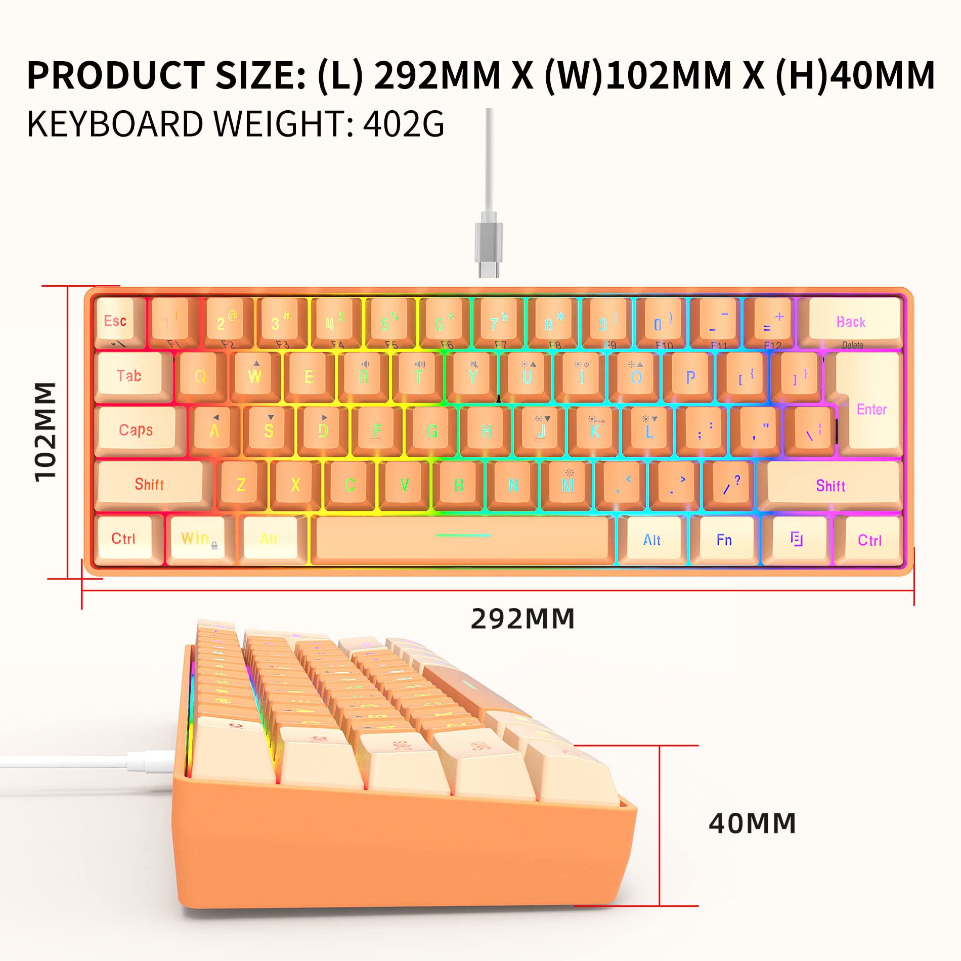 Snpurdiri 60% Wired Gaming Keyboard, RGB Backlit Ultra-Compact Mini Keyboard, Waterproof Mini Compact 61 Keys Keyboard for PC/Mac Gamer, Typist, Travel (Cream and Orange)
