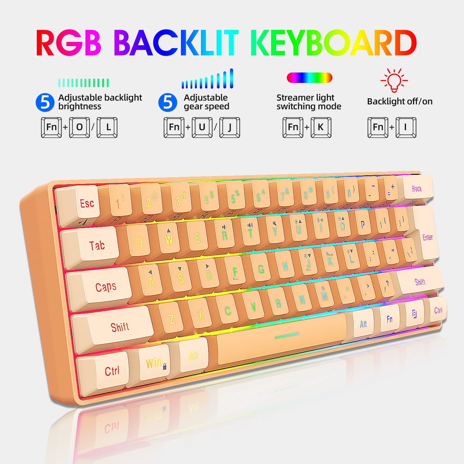 Snpurdiri 60% Wired Gaming Keyboard, RGB Backlit Ultra-Compact Mini Keyboard, Waterproof Mini Compact 61 Keys Keyboard for PC/Mac Gamer, Typist, Travel (Cream and Orange)