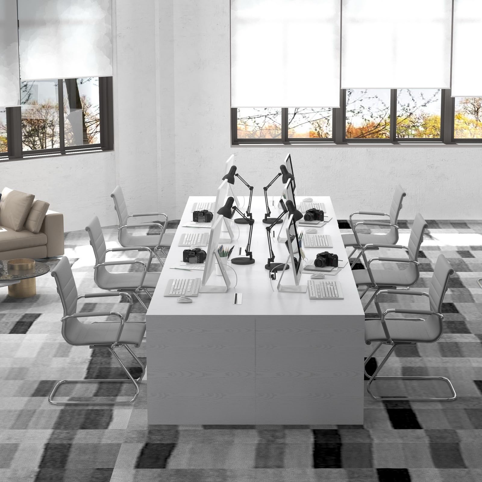 CIMOTA Waiting Room Chairs Leather Office Guest Chair Mid Back Reception Chairs with Sled Base for Meeting/Patient/Conference Room, Grey Set of 8