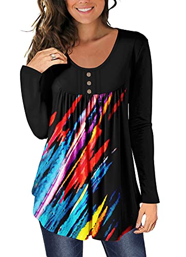 BeadChica Women's Casual Tunic Tops To Wear With Leggings Long Sleeve Floral Henley Blouses Botton Up Shirts-Print-S Black Color
