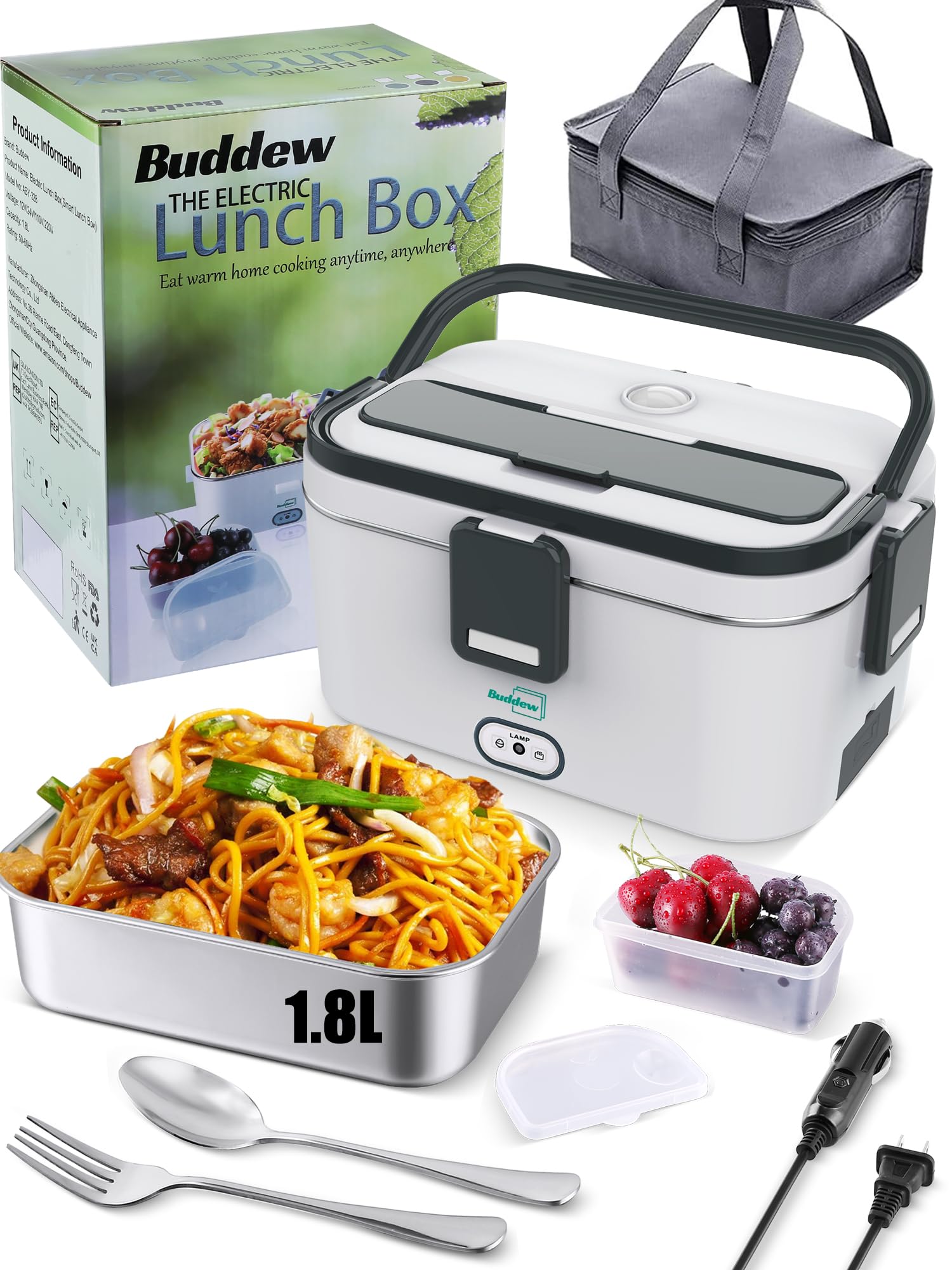 Buddew Electric Lunch Box 70W Food Heater 3 in 1 12V/24V/110-230V Portable Lunch Warmer (1.8L Large-Capacity) Heated Lunch Box for Car/Truck/Home/Office with Carry Bag and Fork and Spoon (Gray)