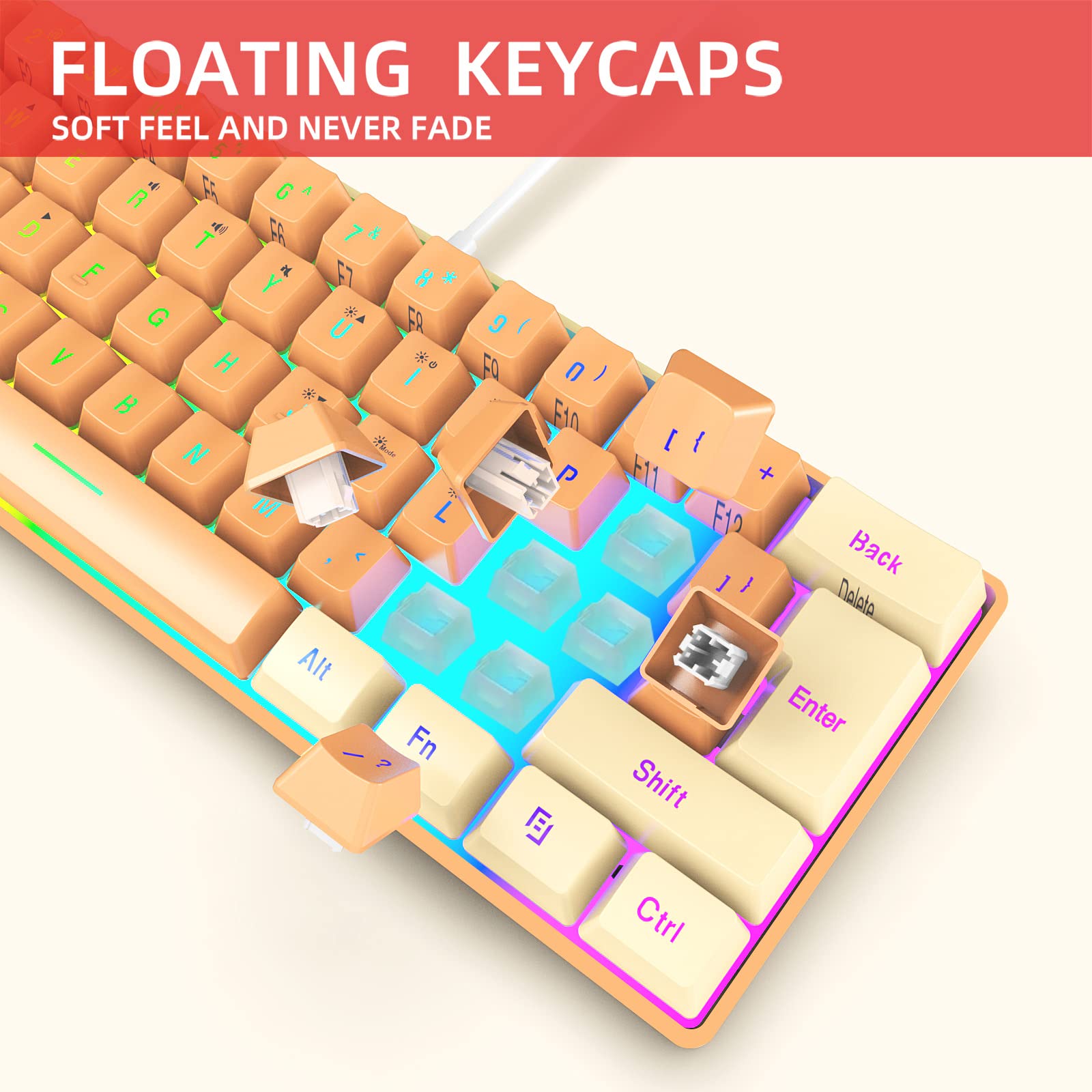 Snpurdiri 60% Wired Gaming Keyboard, RGB Backlit Ultra-Compact Mini Keyboard, Waterproof Mini Compact 61 Keys Keyboard for PC/Mac Gamer, Typist, Travel (Cream and Orange)