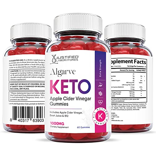 Justified Laboratories (2 Pack) Algarve Keto ACV Gummies 1000MG with Pomegranate Juice Beet Root B12 120 Gummys
