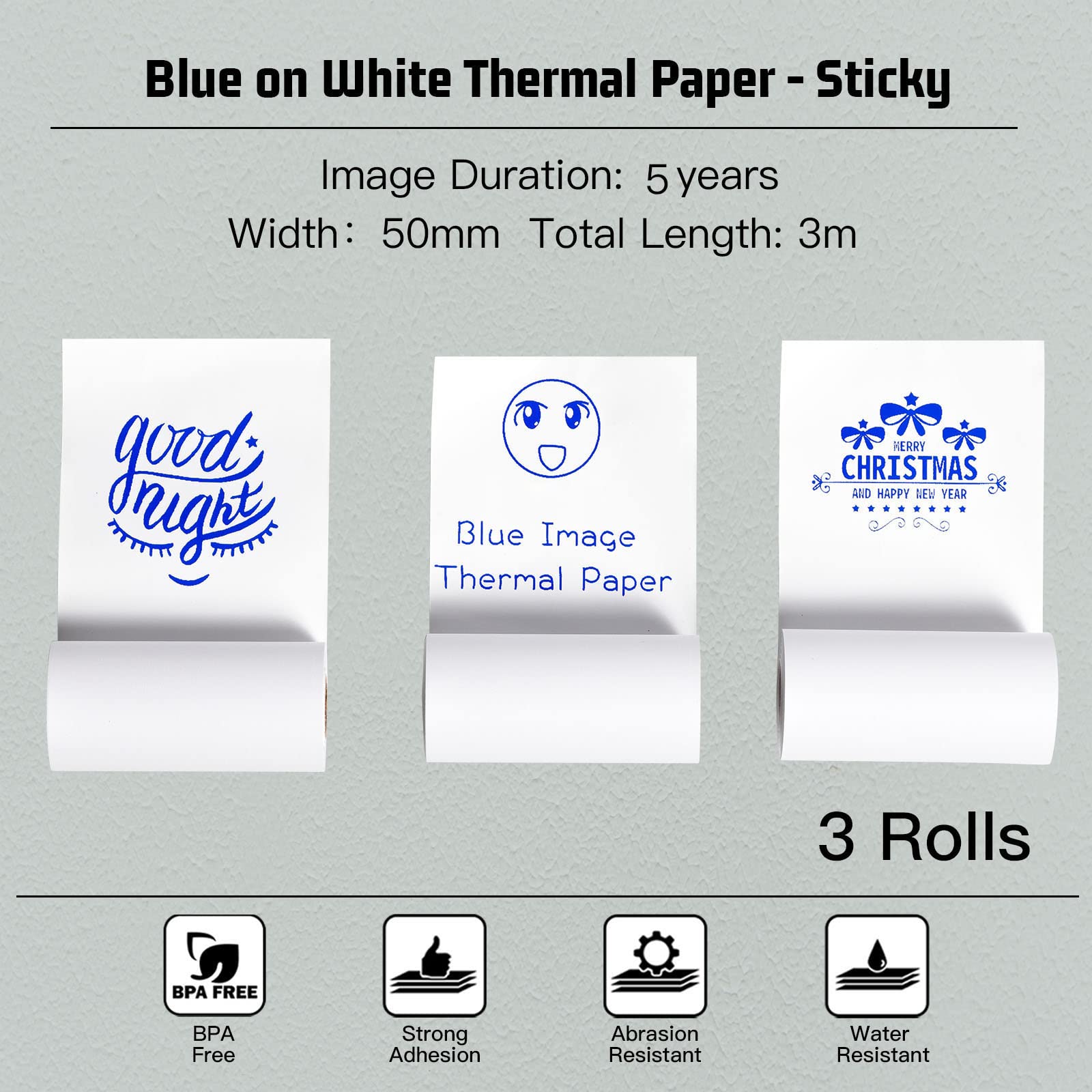 Memoking T02/M02X/M02L Blue on White Thermal Paper-5-Year Sticky 50mmx3m for Journal Photo Texts Study Notes and More, 3 Rolls