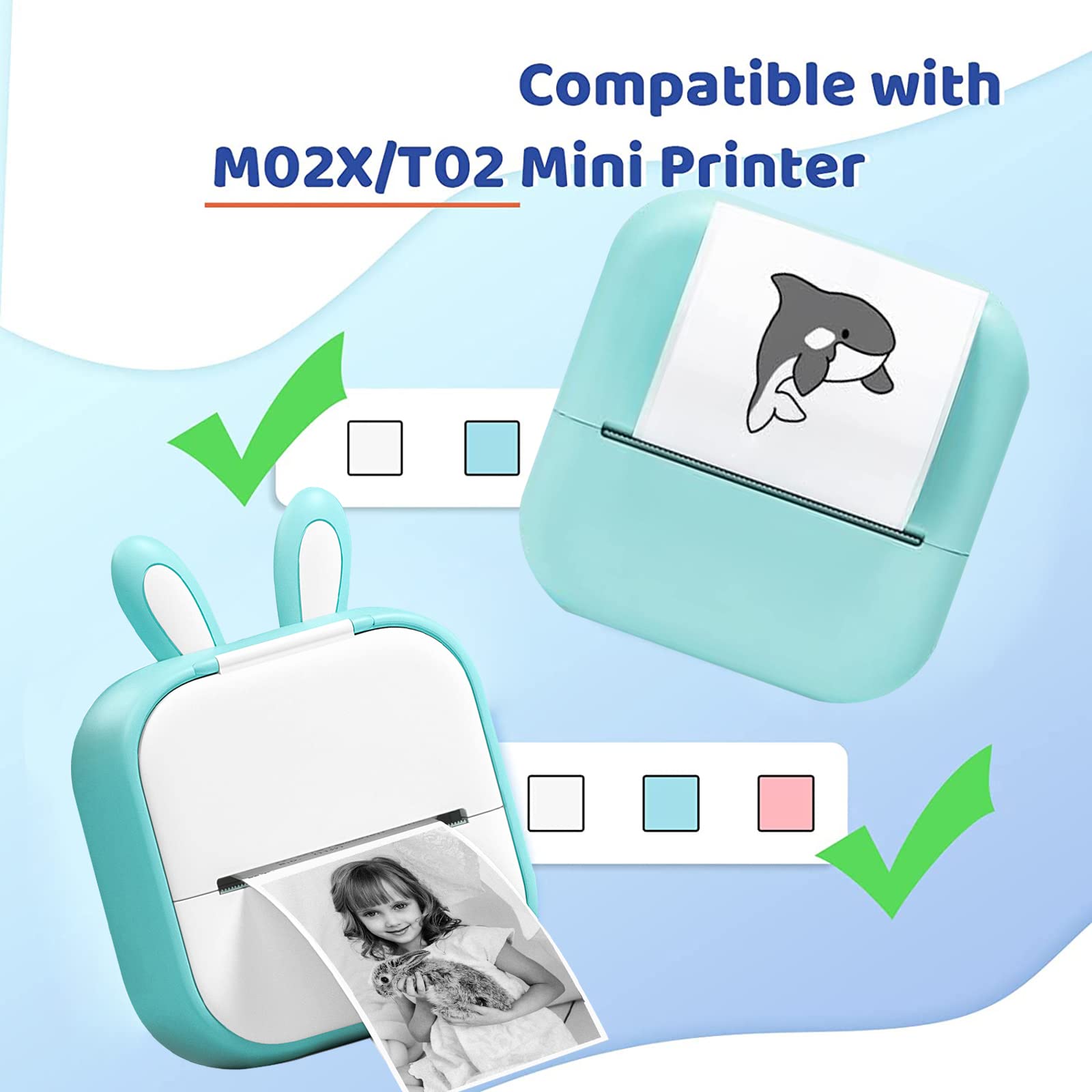 Memoking T02/M02X/M02L Blue on White Thermal Paper-5-Year Sticky 50mmx3m for Journal Photo Texts Study Notes and More, 3 Rolls