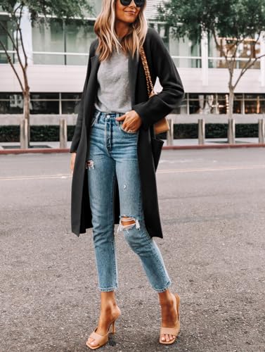 Yousify Women's Open Front Knit Cardigan Long Sleeve Lapel Casual Solid Classy Sweater Jacket Black XXL