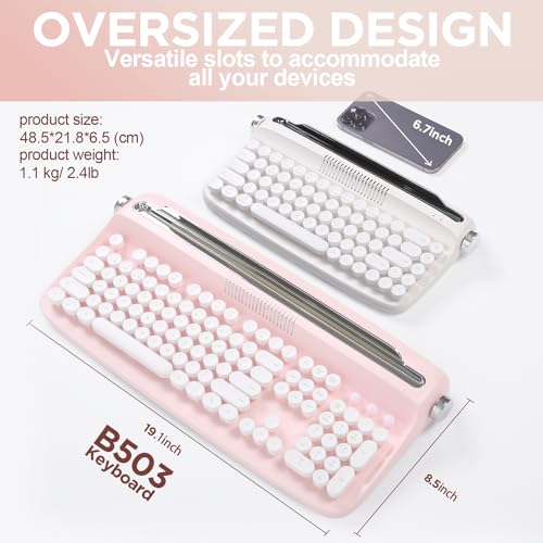 YUNZII ACTTO B503 Wireless Typewriter Keyboard, Bluetooth Connection, Cute Retro Aesthetic Design with Integrated Stand for Tablet, Phone, PC and Win/Mac/Android (B503, Baby Pink)