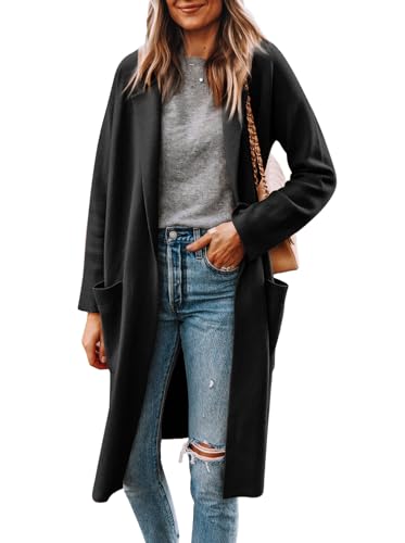 Yousify Women's Open Front Knit Cardigan Long Sleeve Lapel Casual Solid Classy Sweater Jacket Black XXL