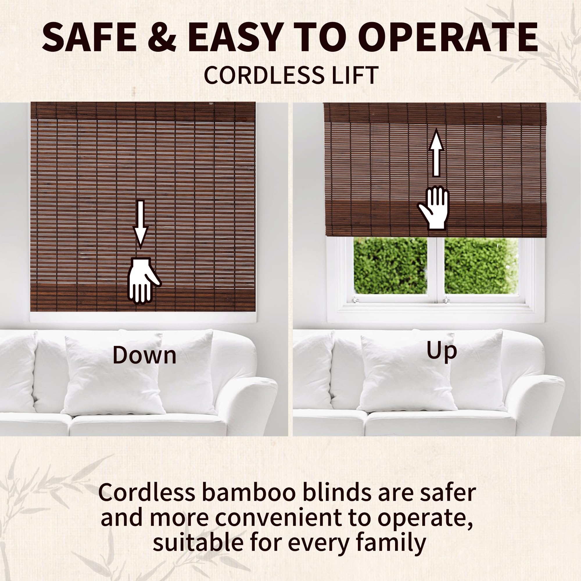Cordless Bamboo Blinds Roman Shades Natural Weave Bamboo Roll Up Bamboo Blinds for Indoor Windows Home and Garden Easy Installation 30W*72L