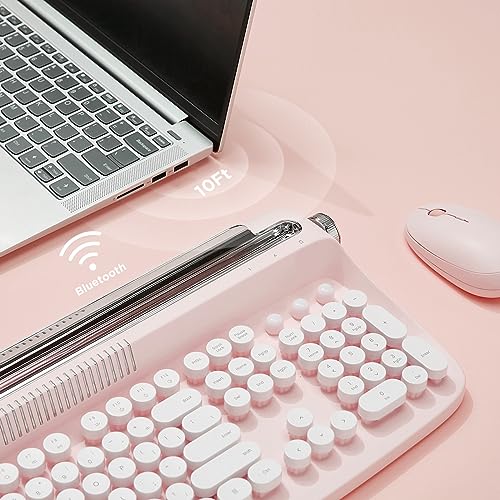 YUNZII ACTTO B503 Wireless Typewriter Keyboard, Bluetooth Connection, Cute Retro Aesthetic Design with Integrated Stand for Tablet, Phone, PC and Win/Mac/Android (B503, Baby Pink)